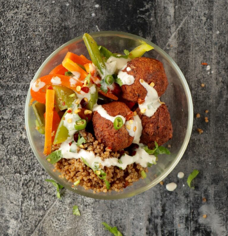 Spicy warm falafel couscous bowl - Chetna Makan